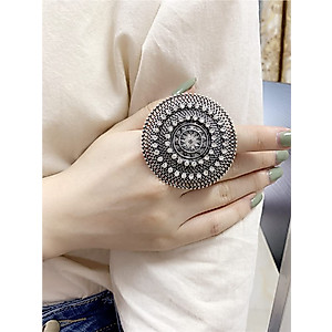 Dtja Boho Exaggerated CZ Statement Ring for Women Adjustable Bohemian Antique Mosaic Crystal Expandable Big Open Wrap Finger Rings Comfort Fit Retro Indian Style Jewelry (Silver Star)