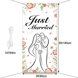 DPKOW Pink White Just Married Banner (6x3 feet) - Premium Wedding Engagement Party Decoration, Bridal Shower Door Cover, Romantic Rose Design, Tear Resistant, Reusable