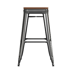 BizChair Commercial Grade Indoor-Outdoor Bar Height Stool - Black Metal Frame - Teak Poly Resin Seat - 30" High - Backless