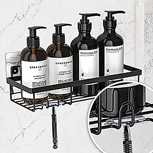 Yebicola Pack of 4 Black Shower Caddy, Self Adhesive, No Drilling, Bathroom Shower Organizer with Soap Holder and 12 Hooks, Rustproof Stainless Steel Shower Shelves for Inside Shower