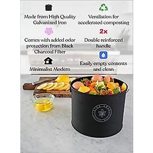 Rise Abve Compost Bin - Odorless Indoor Food Waste Bin with Lid - Scrap Bin - Water Resistant & Rust Bucket - Fixed Black Charcoal Filter - Cross Shaped Design - Easy to Clean Kitchen - Size 8”x7 1/2