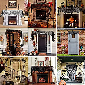 4 Pack Halloween Decorations Tablecloth Runner Black Lace Round Spider Cobweb Table Cover Fireplace Mantel Scarf Spiderweb with 60 Pcs 3D PVC Scary Black Bat Sticker Halloween Party Supplies
