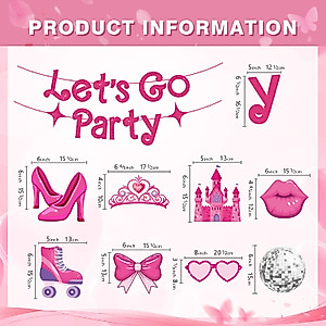 Pink Princess Birthday Hanging Decorations, with 1pcs No Diy Lets Go Party Banner And 8pcs Pink Princess Hanging Swirls, Pink Disco Party Decorations, Pink Bachelorette Party Decorations