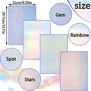 36 Sheets Holographic Sticker Paper Clear A4 Vinyl Sticker Paper Self-Adhesive Waterproof Transparent Film with Gem Spot Rainbow Star Patterns, 11.7 x 8.3 Inch (Gem, Dot, Colorful, Star)