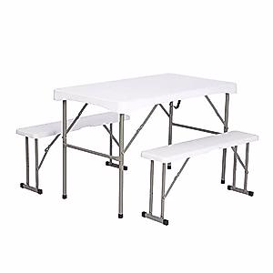 Lakhow-3-piece Table and Bench   Resin 3-Piece Folding Bench and Table Set, 2 Benches(35.4inch) and Table(44.5inch),with Seating Set Plastic Folding Table Portable Dining Table Party Camping Table