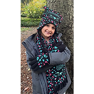 N'Ice Caps Kids Hat Glove Scarf Girls Winter Knit Accessory Set Warm Sherpa Lined 3 Piece (Black Kitten, 4-7 Years)