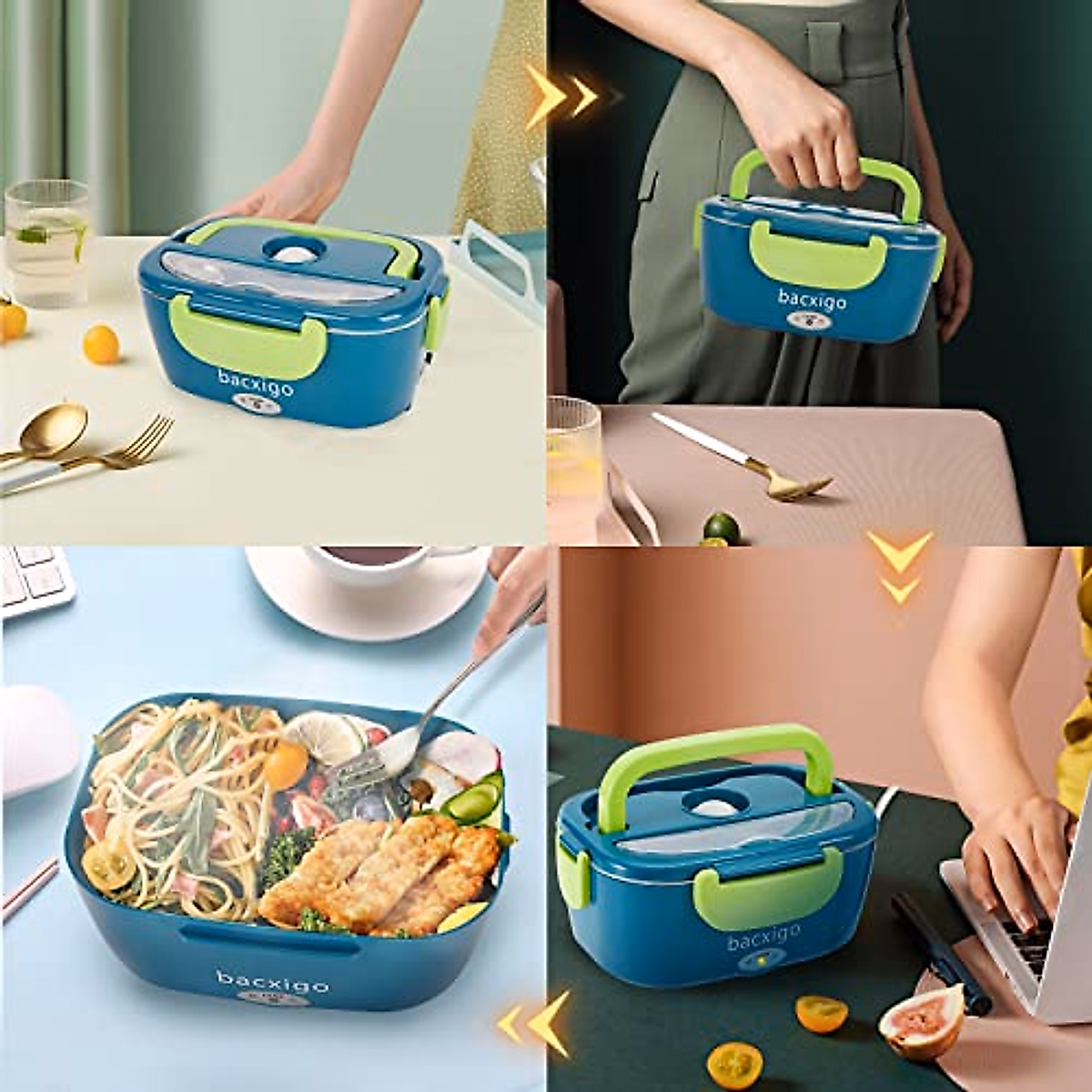 bacxigo Electric Lunch Box Food Heater 2-In-1 Portable Food Warmer for Car & Home,Leak Proof,2 Compartments Removable 304 Stainless Steel Container,SS fork & spoon and Carry Bag (green)