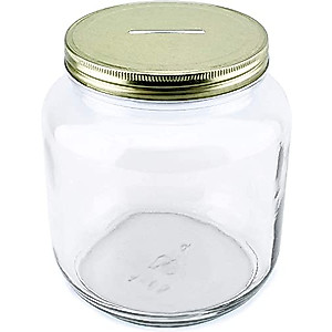 Cornucopia Large Coin Bank Jar; Half Gallon Clear Glass Piggy Bank with Gold Slotted Lid