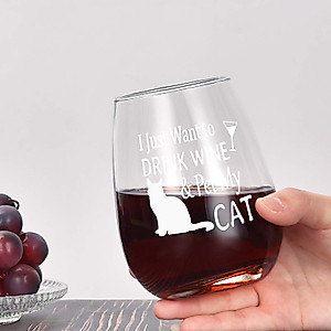 Futtumy I Just Want to Drink Wine and Pet My Cat Stemless Wine Glass, Wine Gifts Idea Cat Lover Cat Owner Women Mom Best Friend Cat Mom Birthday Mothers Day Christmas, Cat Gifts for Cat Lovers