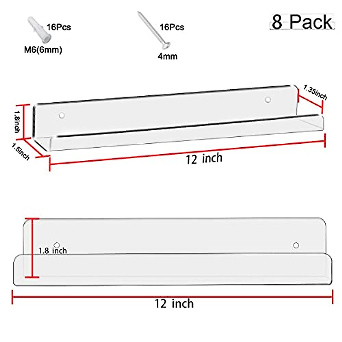 Cerpourt 8 Pack 12'' Clear Vinyl Record Display Shelf,Acrylic Album Vinyl Record Holder Wall Mount and Display Your Favorite LP Records in Style