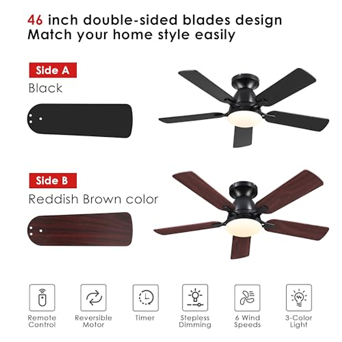 Ceiling Fans with Lights- 46"Low Profile Indoor Ceiling Fan with Light and Remote/APP Control, Flush Mount, LED Dimmable DC Reversible Modern Ceiling Fan for Bedroom（Black）