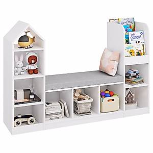 Vabches Toy Storage Organizer for Kids Bookshelf with Reading Nook, Multifunctional Kids Bookcase with 9 Storage Cubbies and Large Seat Cushion for Keeping Kids' Toys Books Organized, White