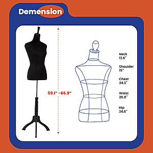 PayLessHere Female Mannequin Torso Sewing Mannequin Dress Form Mannequin Body 53-67 Inch Adjustable Dress Mannequin with Stand Wood Base for Sewing Counter Window Display (Black, 53-67 Inches)