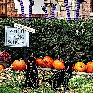 YEAHOME Halloween Decorations Outdoor, 2 Pack Skeleton Black Cat Garden Stakes for Halloween Decor, Scary Metal Cat Silhouette Yard Signs for Outside Garden Lawn Patio Party Decorations