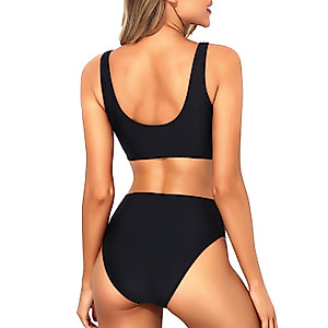 Tempt Me Women Black Two Piece Scoop Neck Bikini Crop Top Swimsuit Sporty High Waisted Bathing Suit Suit XL