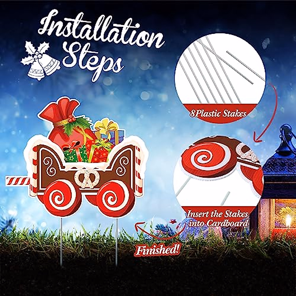 4 Pieces Christmas Decorations Outdoor Yard Train Lawn Sign Gingerbread Santa Snowman Heart Yard Sign with 8 Yard Stakes for Outdoor Christmas Decorations (Warm Style)