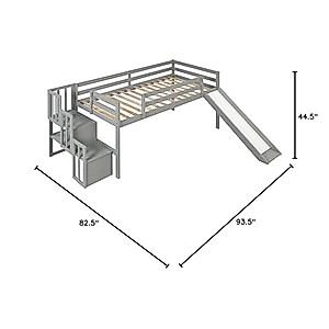 HABUHOME Loft Bed with Staircase, Storage, Slide, Twin Size, Full-Length Safety Guardrails, No Box Spring Needed, Grey