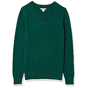Amazon Essentials Women's 100% Cotton Long-Sleeve V-Neck Sweater, Dark Green, Medium