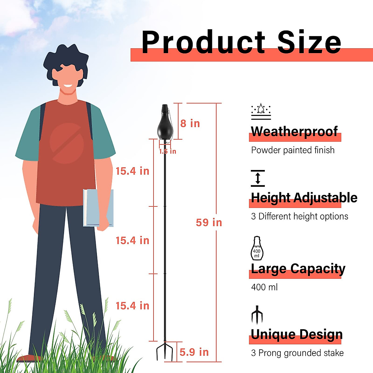 ZSPENG 6 Pack Metal Torches for Outside, Upgraded Metal Torches with 3-Prong Grounded Stake, Extra-Large 59-Inch Citronella Torches for Party Patio Pathway