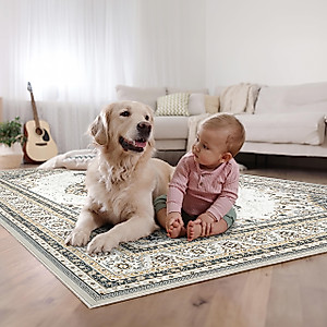 Aelenmu Washable Rugs for Living Room: 9x12 Area Low Pile Soft Rug with Non-Slip Backing Non-Shedding, Medallion Floor Carpet Bedroom Dining Room Nursery Home Office-Beige