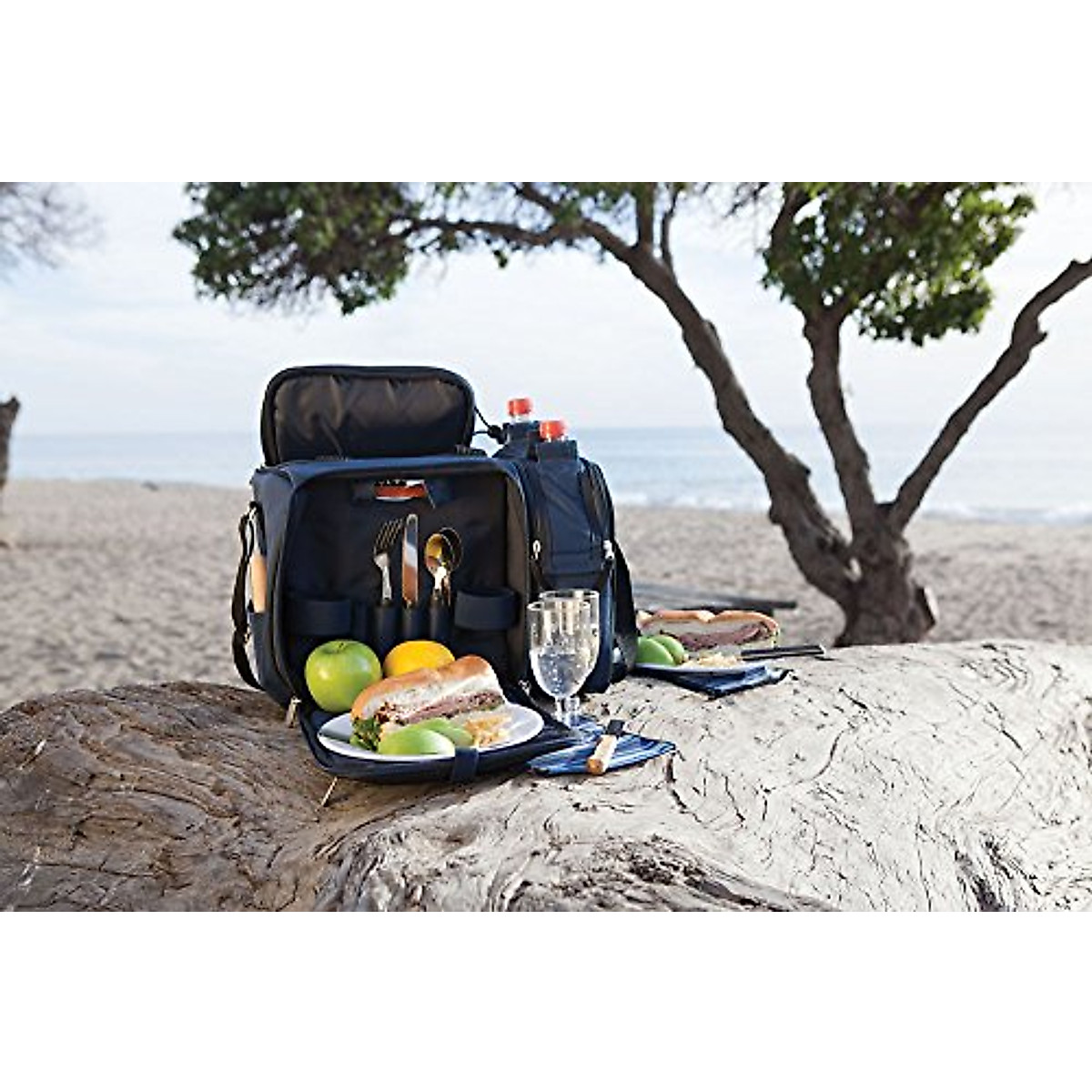 PICNIC TIME Malibu Cooler Picnic Basket, Insulated Cooler Tote with Picnic Set, (Navy Blue with Black Accents)
