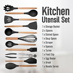 LaGrace O Naturel 12 Pcs Non-stick Silicone Kitchen Utensil Set – Wooden Spoons For Cooking - 446°F Heat Resistant Turner Tongs, Spatula, Spoon, Brush,