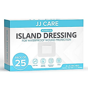JJ CARE Waterproof Adhesive Island Dressing [Pack of 25], 4" x 5" Sterile Island Wound Dressing, Breathable Bordered Gauze Dressing, Individually Wrapped Latex Free Bandages with Non-Stick Central Pad