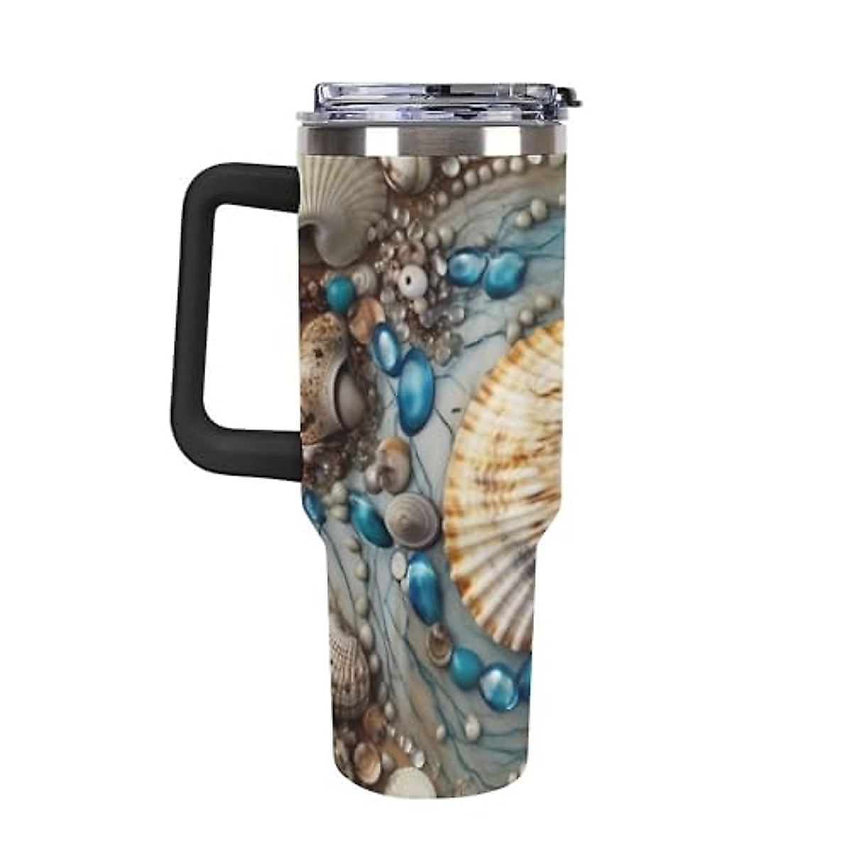 LPSADGF Ocean Shell Art Insulated Stainless Steel Travel Mug, 40 Oz Tumbler with Handle And Straw Double-Wall Vacuum Coffee Cup, Leak-Proof Lid, Keeps Drinks Hot/Cold for Hours