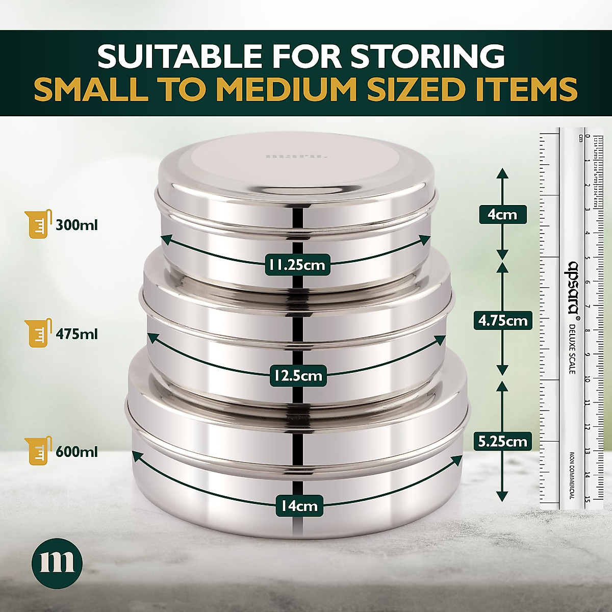 MARU Stainless Steel Airtight Food Storage Containers - Kitchen Set with Lids, Ideal for Flour Storage, Perfect Kitchen Canisters for Food Storage Set of 3Pcs (300ML, 475ML, 600ML)