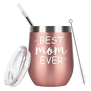 GINGPROUS Best Mom Ever Wine Tumbler with Lid and Straw, Mother's Day Birthday Gifts for Mom Mommy Mother, Stainless Steel Insulated Mom Wine Tumbler with Saying for Women (12 Oz, Rose Gold)