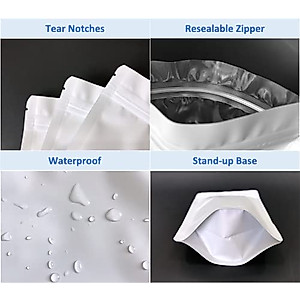 100 Pack Matte White Mylar Stand Up Bags - 5.5x7.8 Inches Resealable Smell Proof Packaging Pouch, Sealable Foil Bags for Food Storage, Sample Pouches