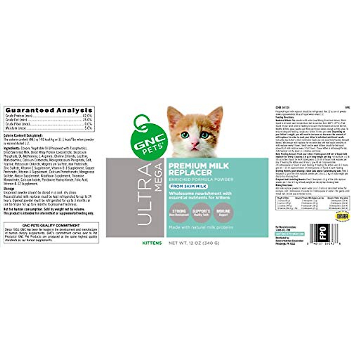 GNC Pets Ultra Mega Premium Milk Replacer Powder Formula for Kittens, 12 Ounces | Enriched Formula Powder Made with Natural Milk Proteins for Healthy Kittens