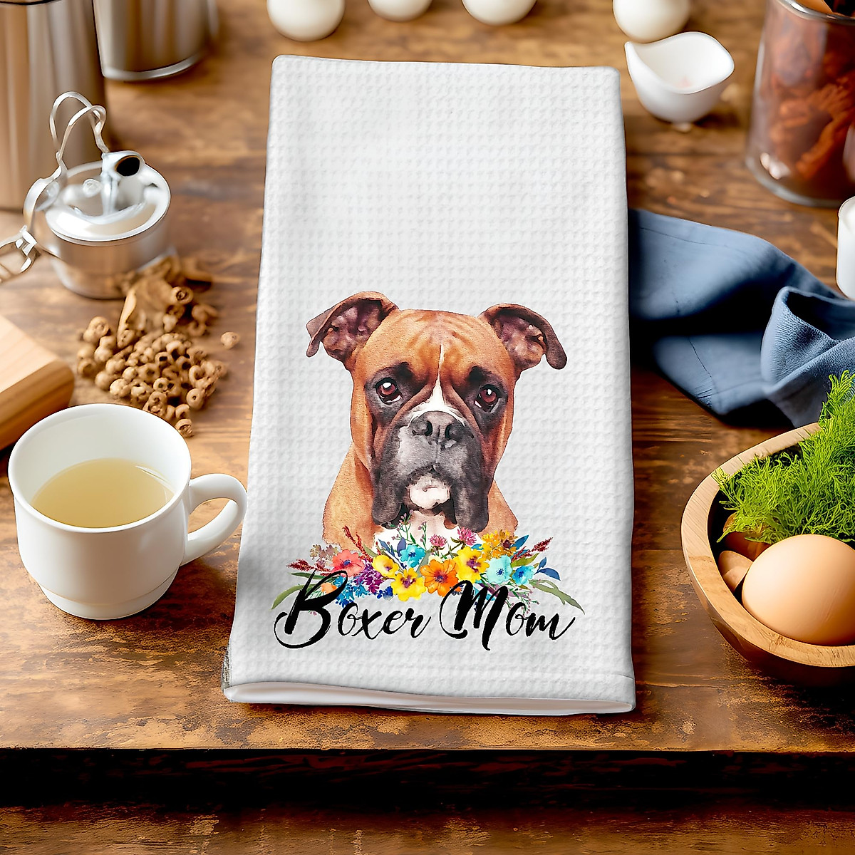 Boxer Mom Floral Waffle Weave Microfiber Kitchen Hand Towel Gift for Dog Lover