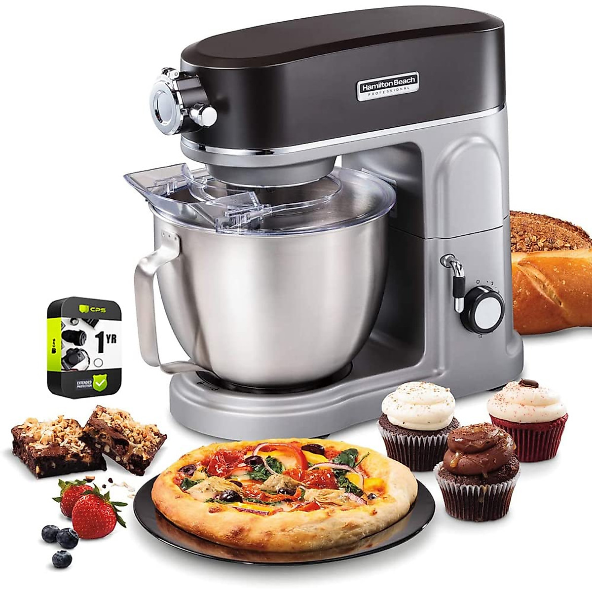 Hamilton Beach 63240 Professional Stand Mixer 5 Quart Specialty Attachment Hub Grey Bundle with 1 YR CPS Enhanced Protection Pack