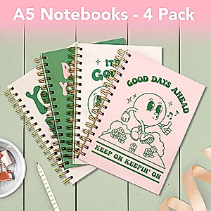 Pink Green Aesthetic Hardcover Notebooks for Work, A5 size 5.8 x 8.3 inch, Cute Notebooks for School 4 Pack, Retro Notebooks College Ruled, Cute Spiral Journal for Women, Kids Back to School Notebook