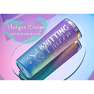 Onebttl Knitting Gifts for Women, Crochet Lovers - Knitting Queen - 20oz/590ml Stainless Steel Insulated Tumbler with Straw & Lid, Crochet Gift for Birthday, Christmas (Glitter Purple Blue)