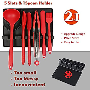 DflowerK Silicone Spoon Rest Utensil Rest with Drip Pad 5 Slotted & 1 Spoon Holder for Kitchen Counter Stove Top Heat Resistant Large 10.3" X 8" (Night Black)