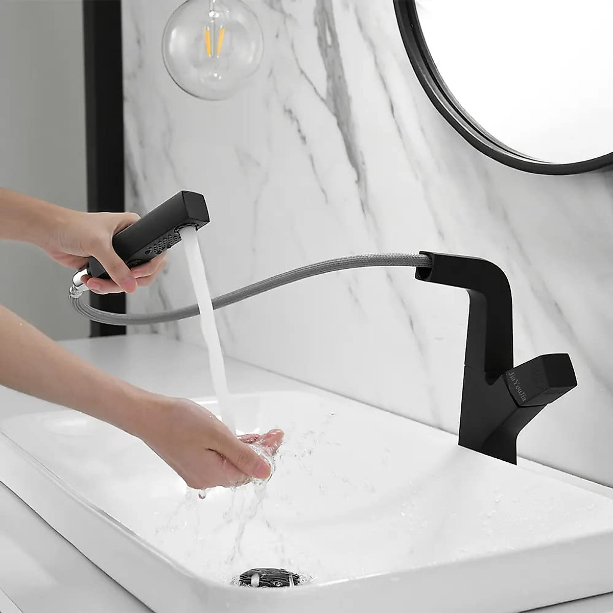 JiaYouJia Modern Bathroom Faucet with Pull-Out Spray Head Matte Black Adjustable Height Single Handle Bathroom Sink Faucet Dual Function Laundry Basin Faucet