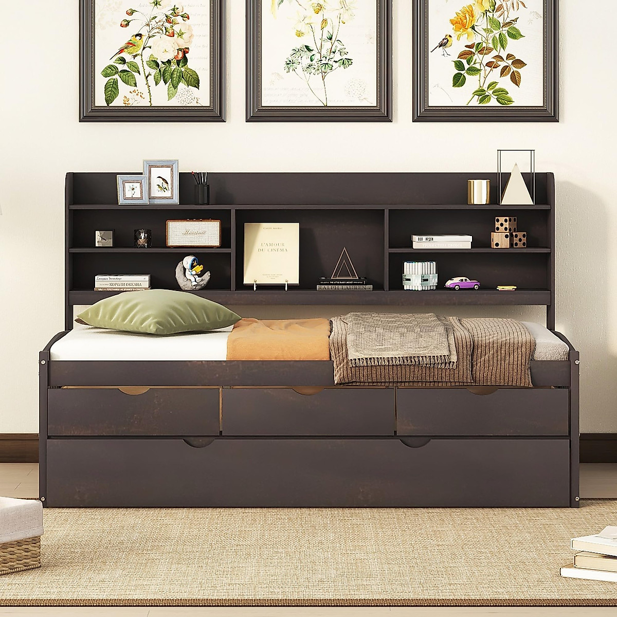 Harper & Bright Designs Twin Captain's Bed with Trundle and Three Storage Drawers, Wooden Twin Size Daybed Frame with Built-in Bookshelves for Girls Boys,Antique Gray