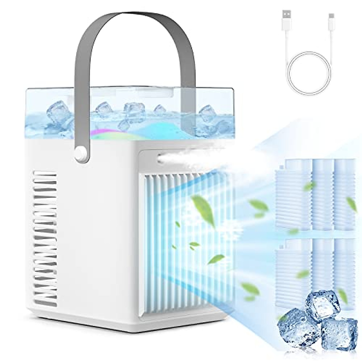 Portable Air Conditioner Fan, USB Rechargeable Portable AC, 3 Speeds Adjustable Personal Small Cooling Fan, 4IN1 Desk Mini Fan with Humidifier &LED Light for Room Travel, Gifts for Fathers, Men, Women