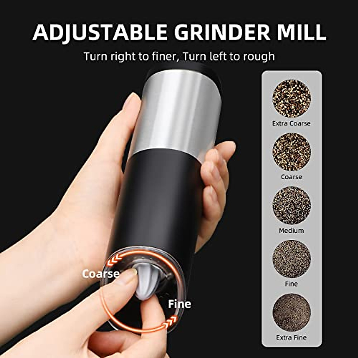 Rocyis USB Rechargeable Electric Salt and Pepper Grinder-Gravity Automatic Spice Mill w/LED Light, Adjustable Coarseness, One Hand Operated Smart Kitchen Gadgets, Silver