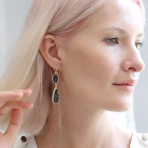 Humble Chic Simulated Druzy Drop Dangles - Long Double Teardrop Dangly Earrings for Women, Gold - Black Stone