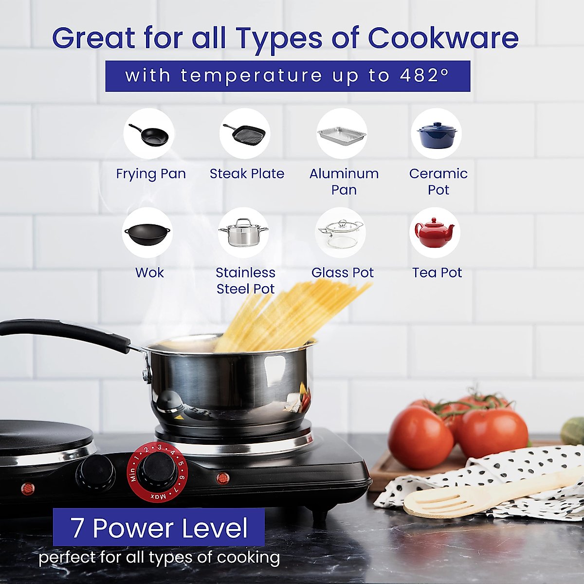 Cheftek Electric Double Burner Hot Plate - With Powerful 1700W, Adjustable Temperature Control, Portable Cooktop Compatible With All Cookware, Enamel-Coated, Non-Slip Feet, Countertop Burner