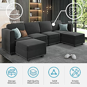 Mjkone Modular Sectional Sofa with Adjustable Armrest and Backrest for Living Room，U Shaped Couch 6 Seater Convertible Sectional Couch with Storage Ottoman -Dark Grey