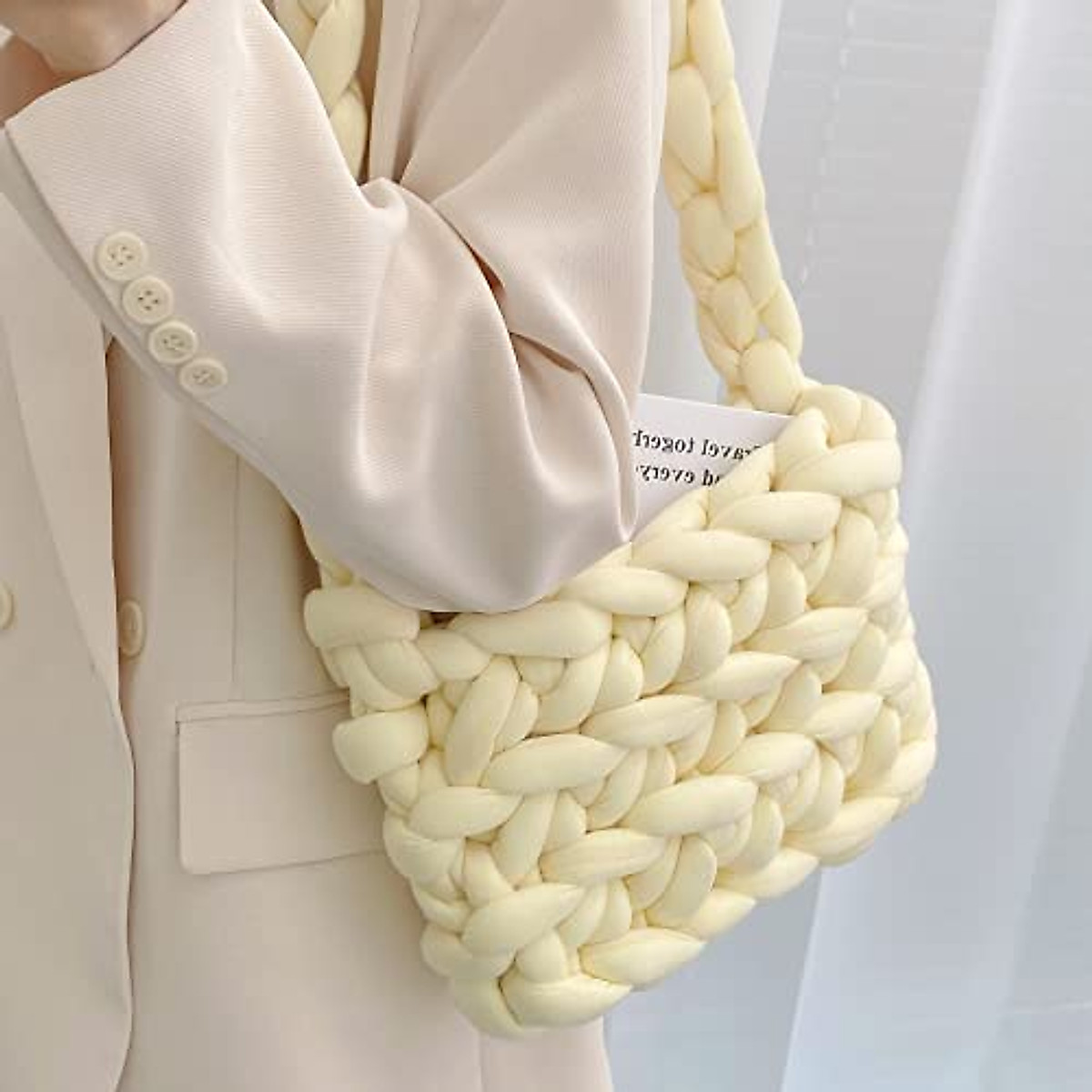 HYKYYDS Knit Handbag Space Style Wool Casual Soft Crossbody Shoulder Bag Ladies Woven Messenger Bag (White)