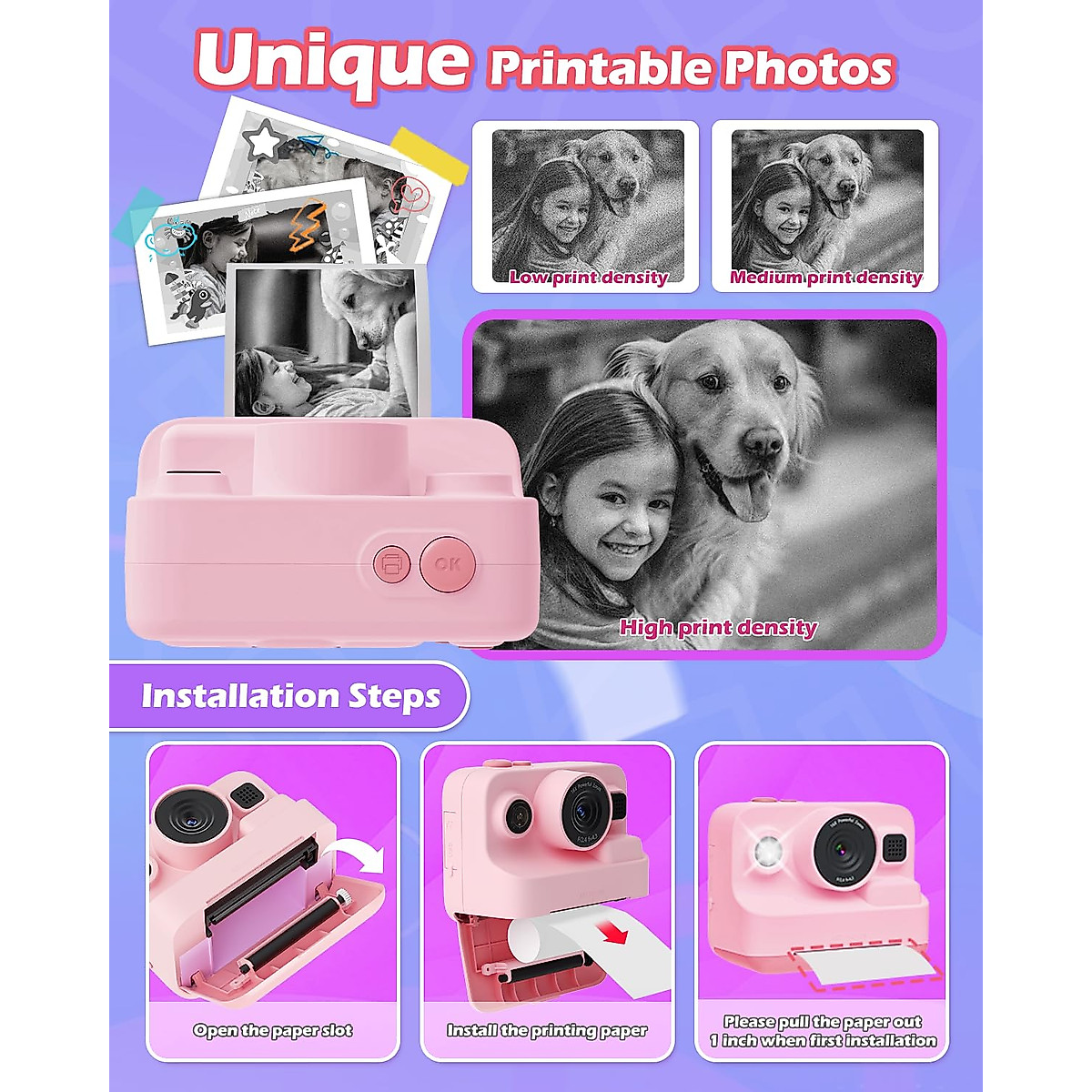 Anchioo Instant Print Camera for Kids, 2.4 Inch Screen Camera with 3 Print Paper, Birthday Gift for Girls Boys Age 3-12, 1080P Instant Camera Toys for 3 4 5 6 7 8 Year Old - Pink