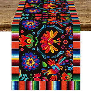 Linen Mexican Fiesta Table Runner Decoration 72×13inch Long Cinco De Mayo Dia De Los Muertos Runners Farmhouse Rustic Runner Day of The Dead Decor and Supplies for Kitchen Dining Home Table Decoration