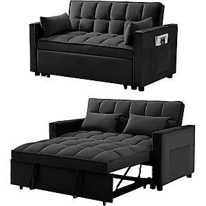 SumKea 55.2'' Pull Out Couch 2-Seater Sleeper Loveseat, 3-in-1 Reclining Sofa Bed, Futon Adjustable Backrest with Pillows, Pockets, Couch for Living Room Apartment Lounge, Black