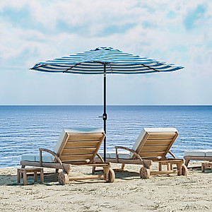 Greesum Outdoor Patio Chaise Chair (Set of 2) with 9FT Umbrellas, 5-Position Waterproof Sun Lounger, for Pool, Garden, Brown and White Blue