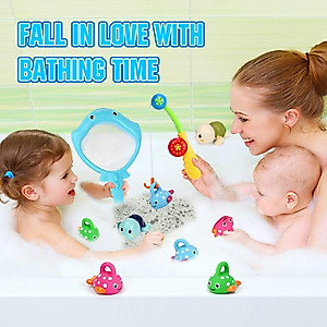 Bath Toys Fish Set, Fishing Game w/ Swimming Tortoise, Fishing Pole & Net, Fish Game Bathtub Water Table Shower Pool Bathroom Toy for Toddlers Baby Kids Infants Boys Girls